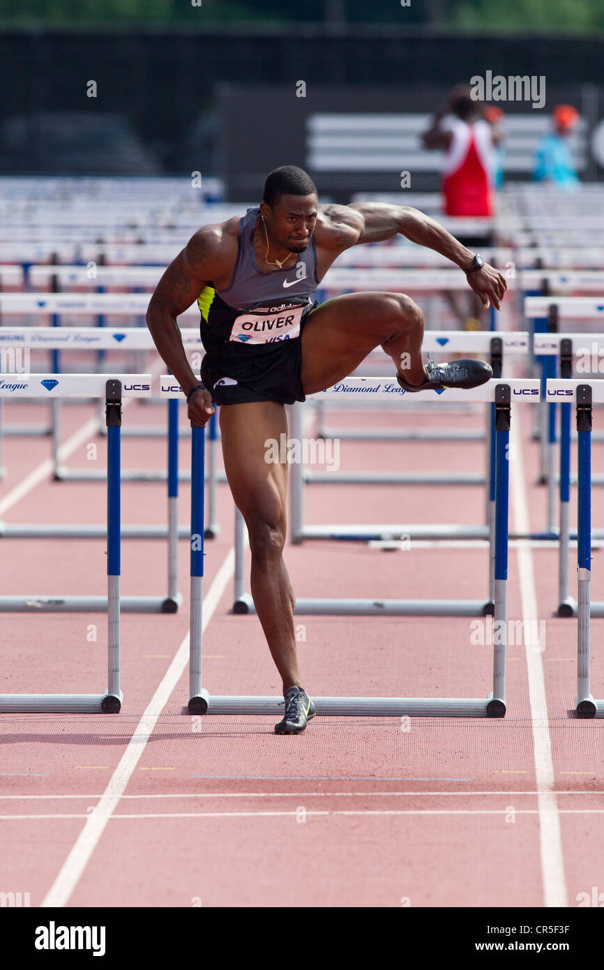 David Oliver (USA) competing in the Men's 110m Hurdles at the 2012 NYC ...