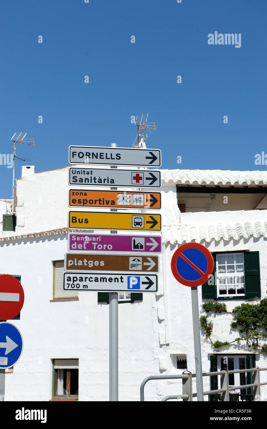 tourist road sign directions es mercadel menorca spain Stock Photo - Alamy