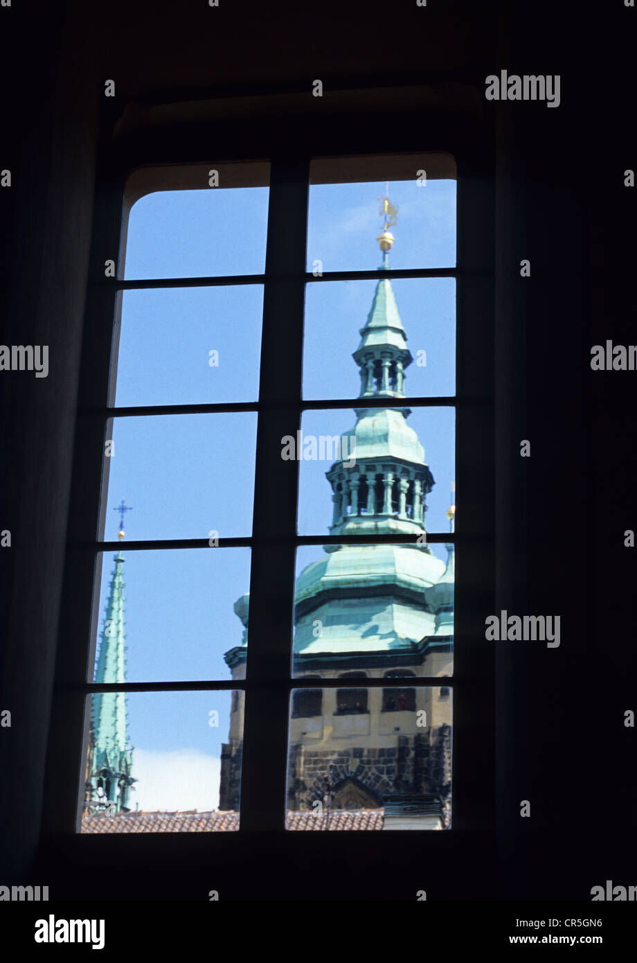 St Vitus Cathedral tower seen through a window, Prague Stock Photo - Alamy