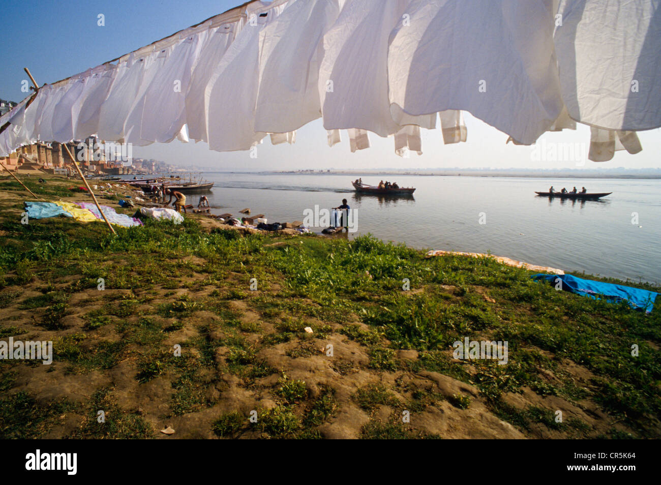 Laundry washed by Dhobi wallahs or laundry men at the banks of river ...