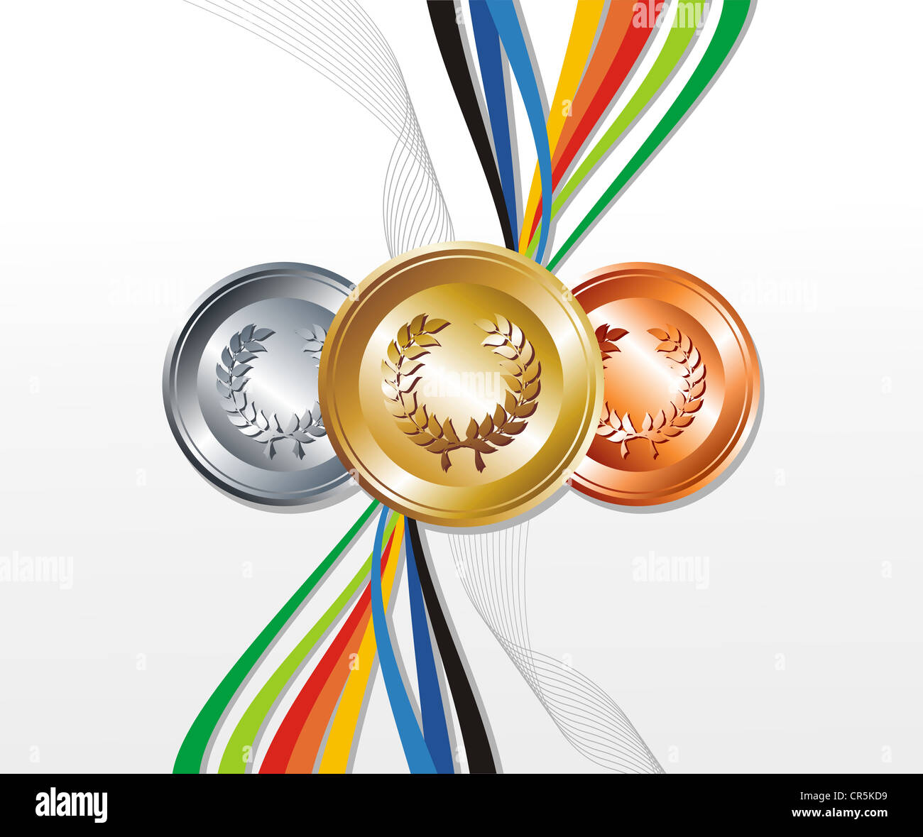 Sport gold, silver and bronze medals with ribbon elements set ...