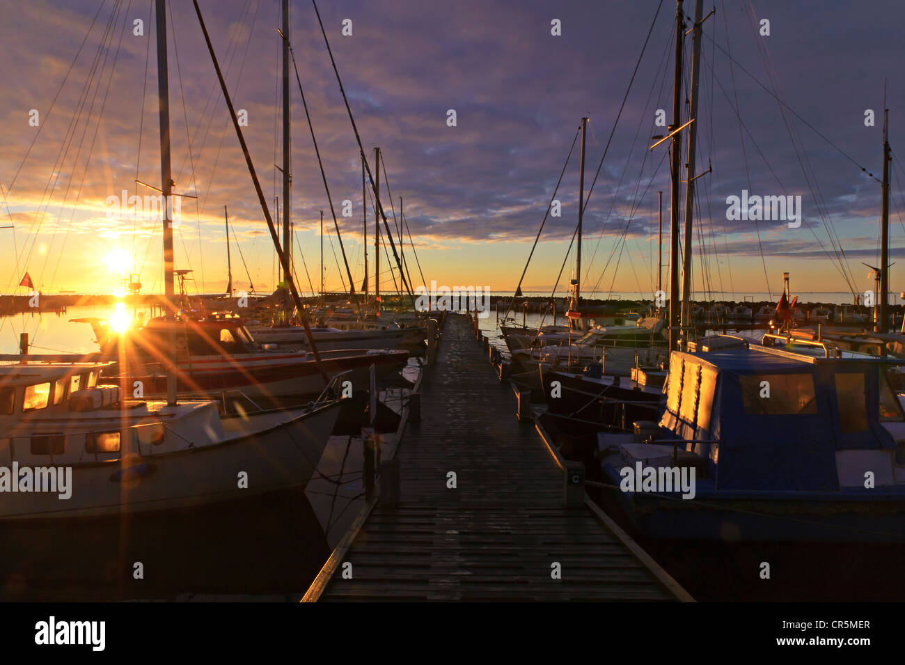 Sunrise over the yachts at the jetty, Spodsbjerg, Langeland, Denmark ...