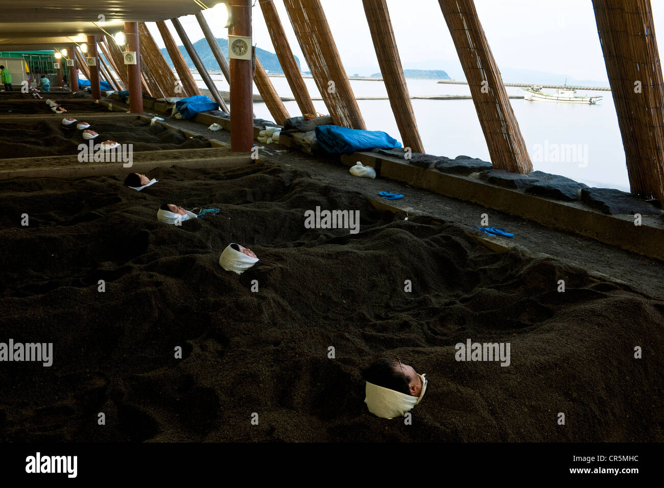 Japan, Kyushu Island, city of Ibusuki, bath of hot sand on the beach of ...