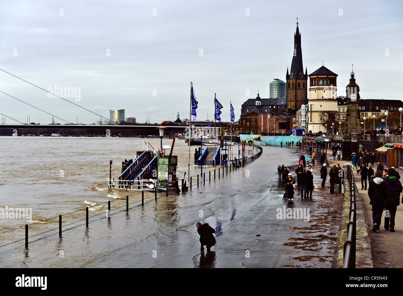 Rhine Promenade at high water, Duesseldorf, North Rhine-Westphalia ...