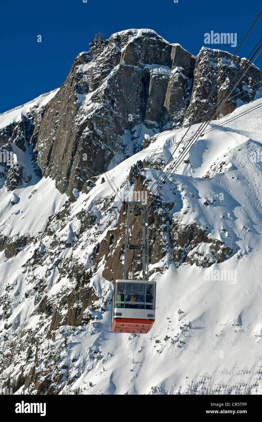 Cable car suspended between Plan Praz and the summit of Brevent ...