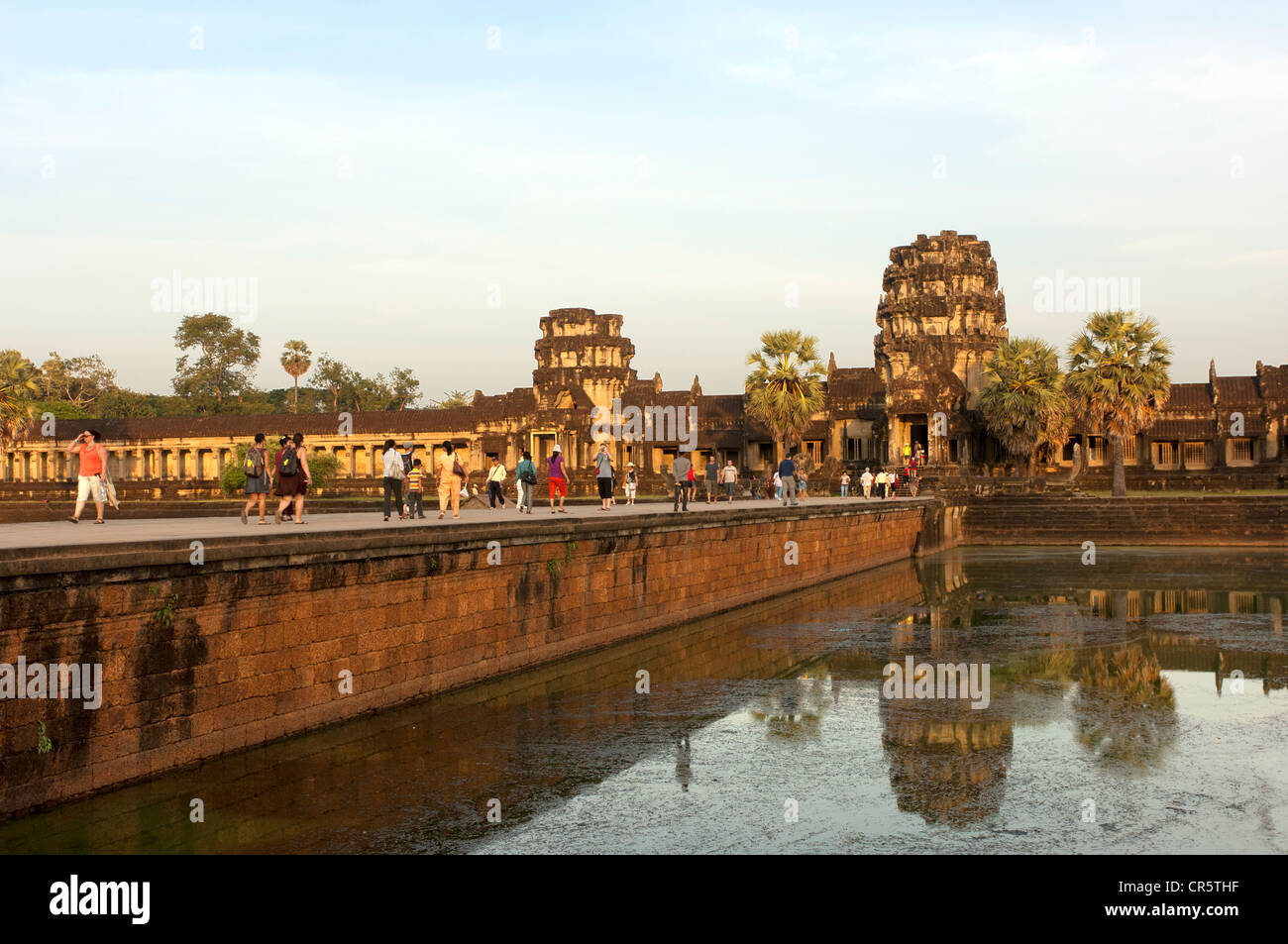 View across the castle bridge on the west wing of the Angkor Wat temple ...