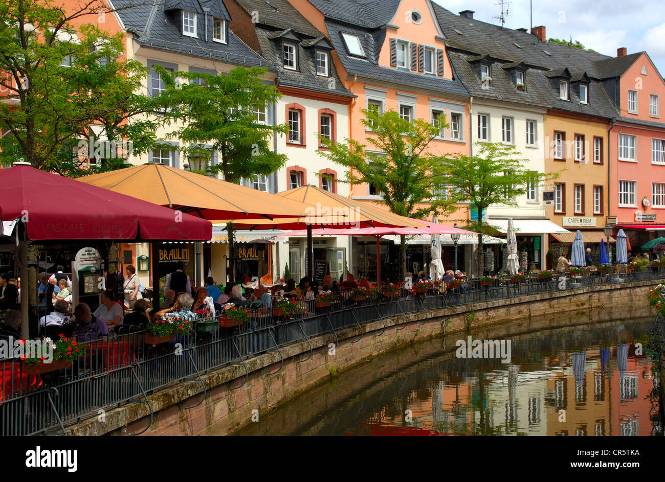 Cafés on the Buttermarkt in the old town of Saarburg, Rhineland ...