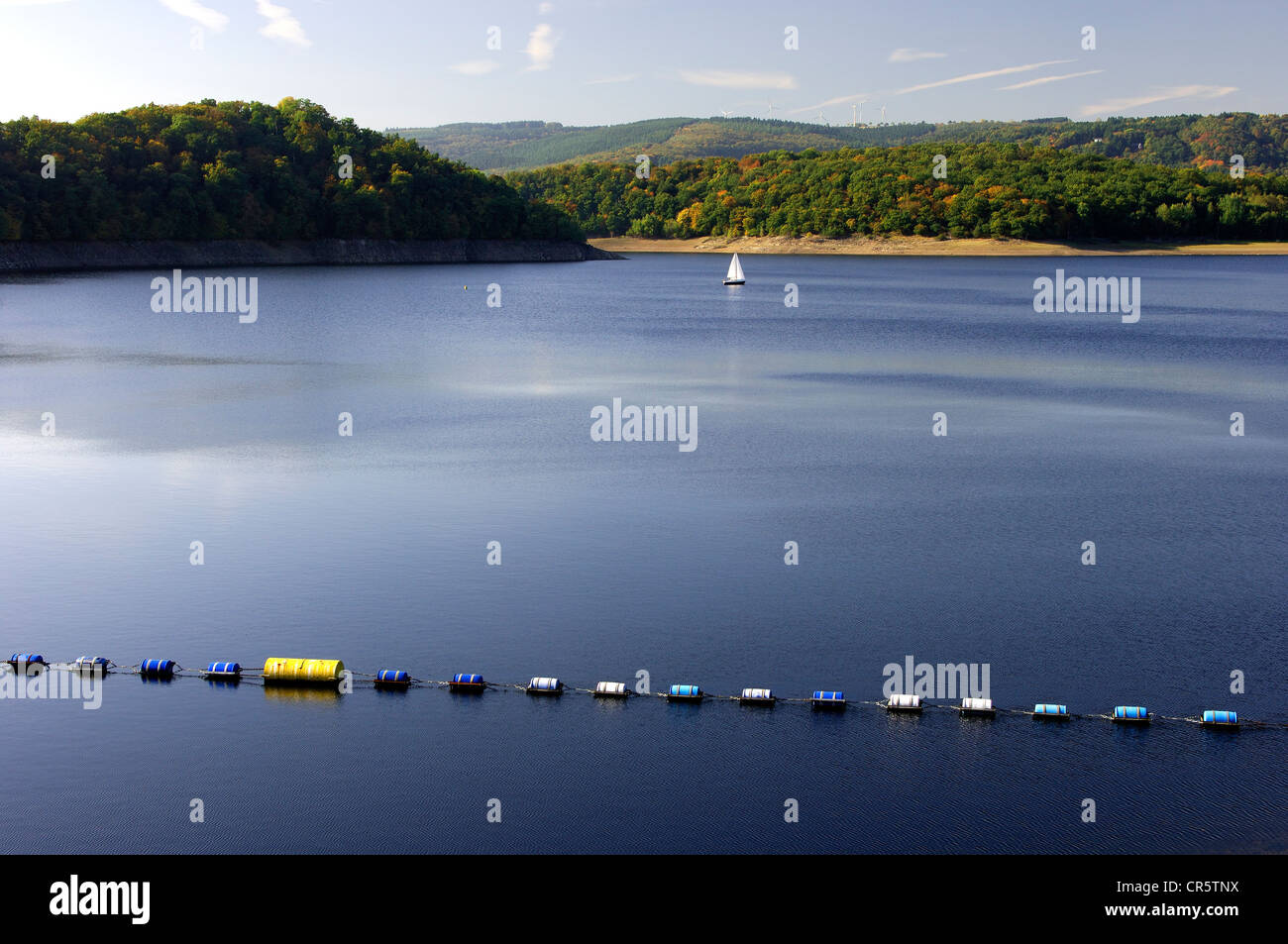 A lone sailboat on lake Rursee near Heimbach, autumn, Eifel mountain ...