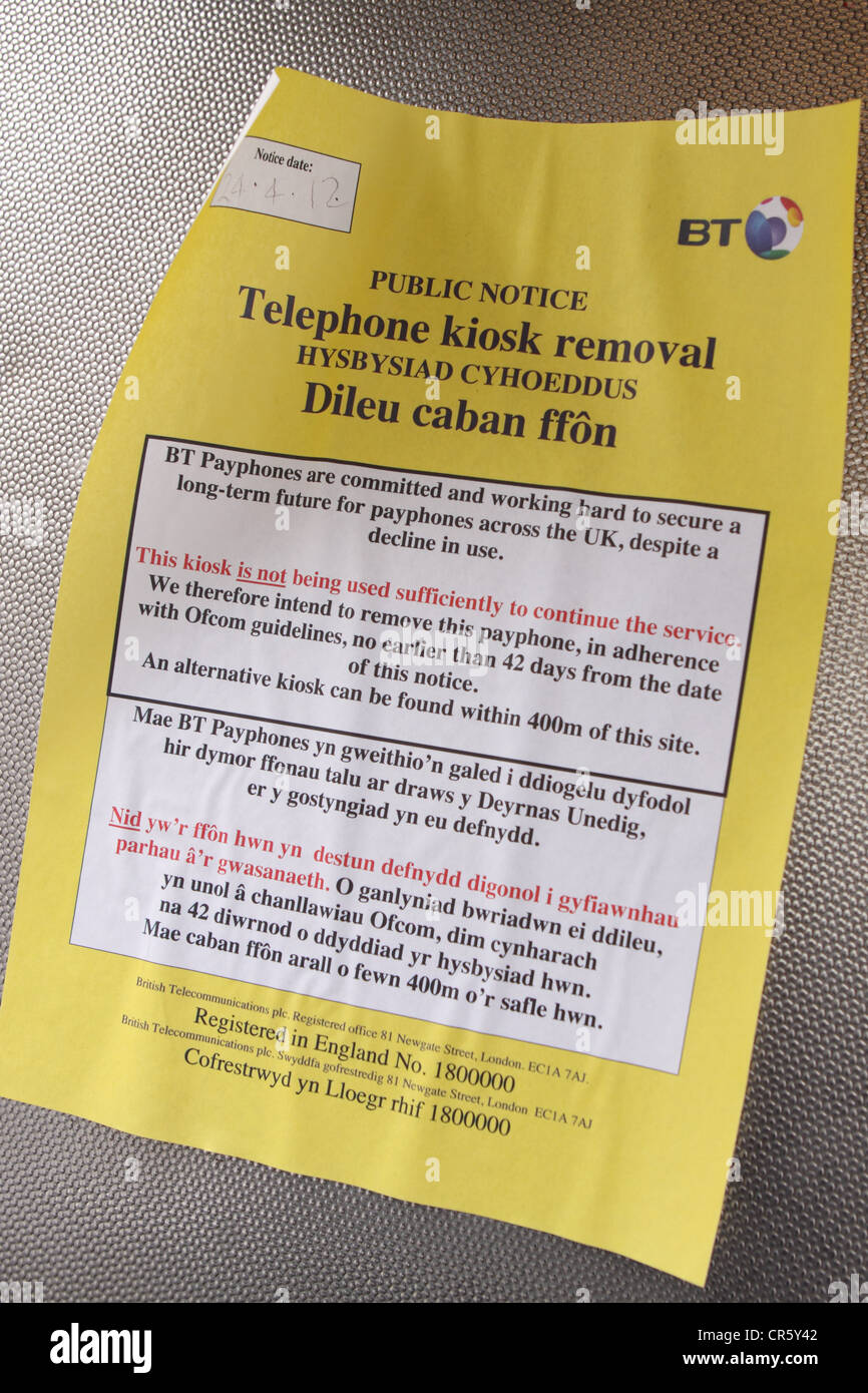 BT British Telecom notice that a telephone box kiosk is to be withdrawn ...