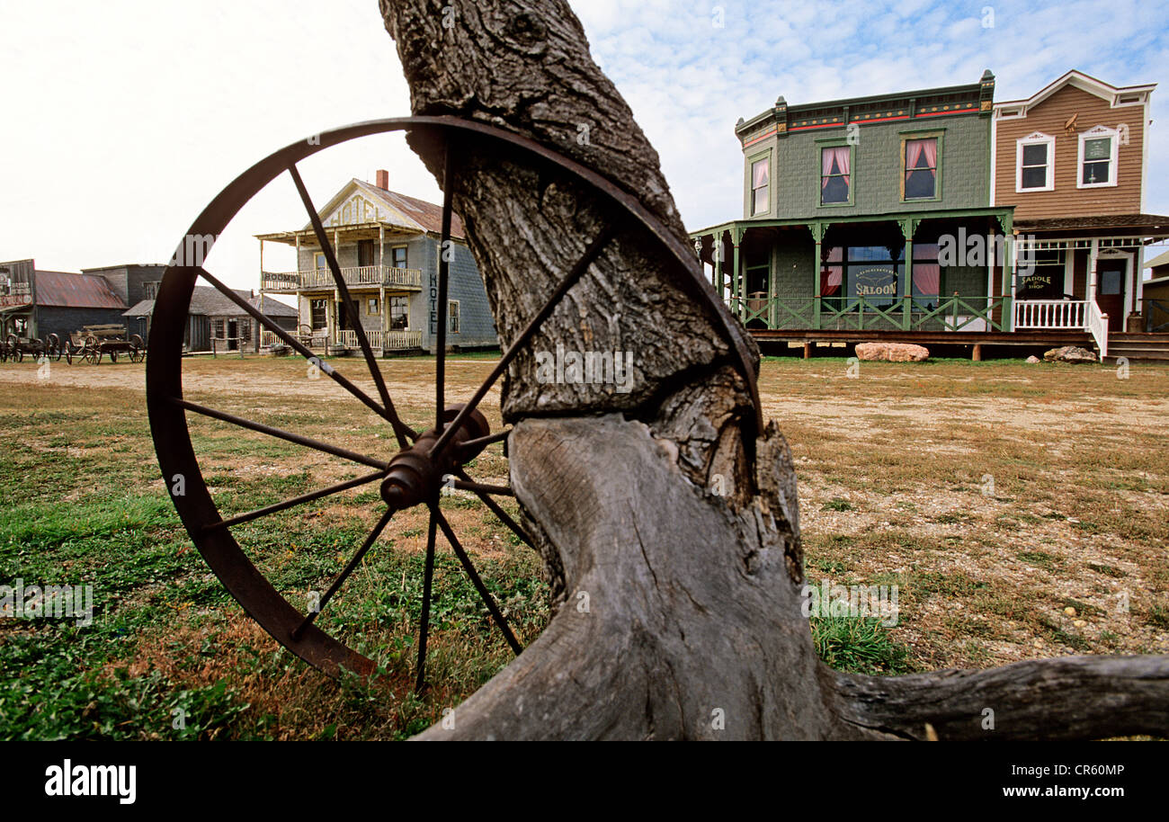 United States, South Dakota, 1880 Town, western town, wheel in the ...