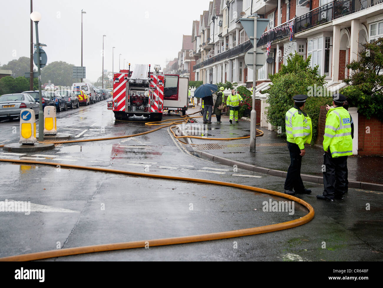 Fire fighters attending flood damage at homes in Littlehampton West ...