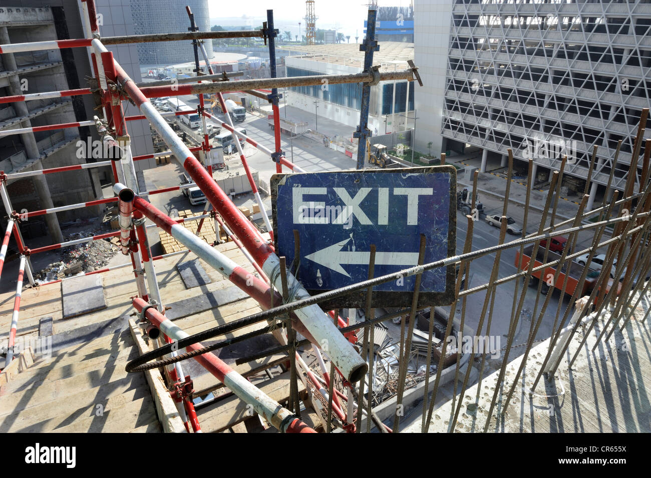 Exit sign, scaffolding, construction site, Doha, Qatar, Arabian ...