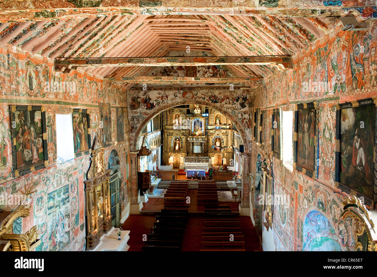 Peru, Cuzco Province, Huaro, church covered of Baroque paintings and ...