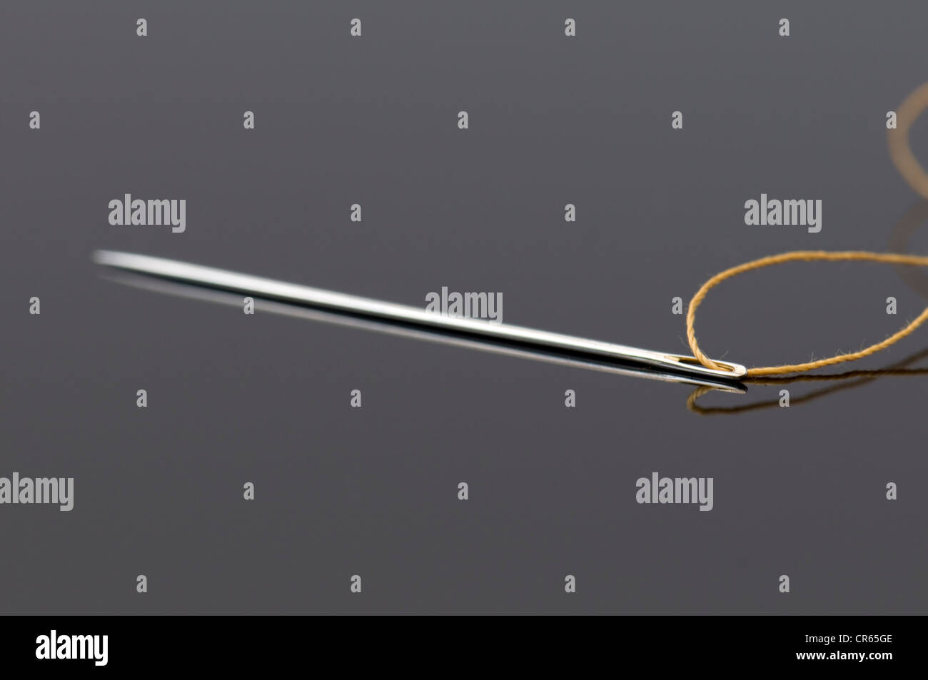 close up of needle and gold thread on reflective black background Stock ...