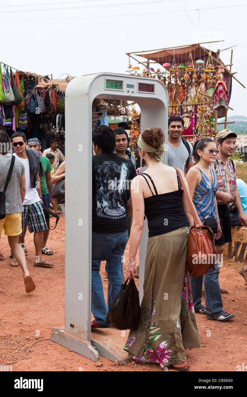 India, Goa State, Anjuna, walk-through scanner at the entry of the ...
