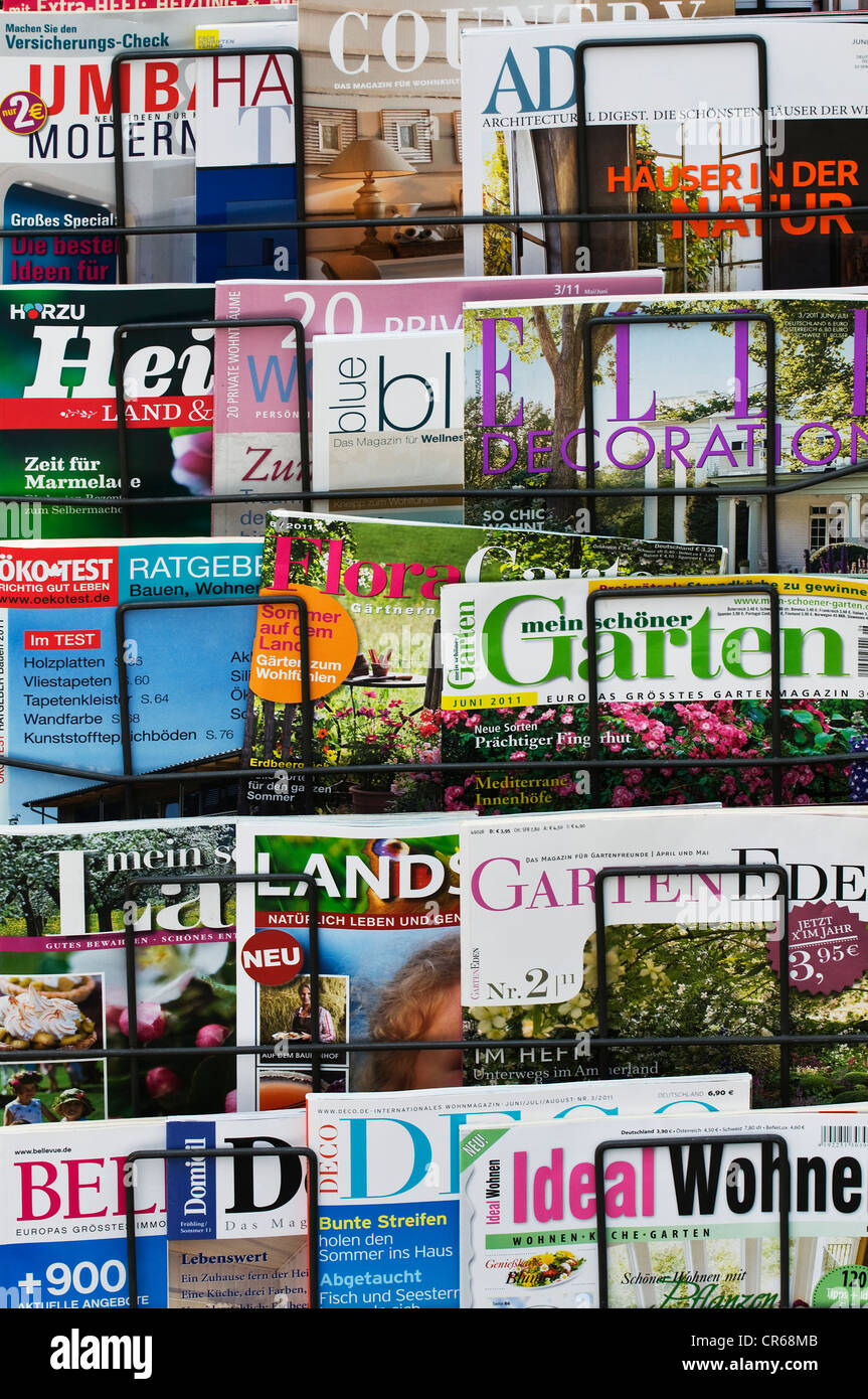 Several German home, gardening and nature magazines in a rack Stock ...