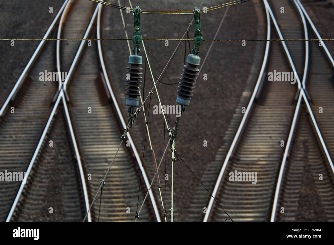 Railway tracks and overhead power lines, switches, rail traffic Stock ... Railway tracks and overhead power lines, switches, rail traffic Stock ...