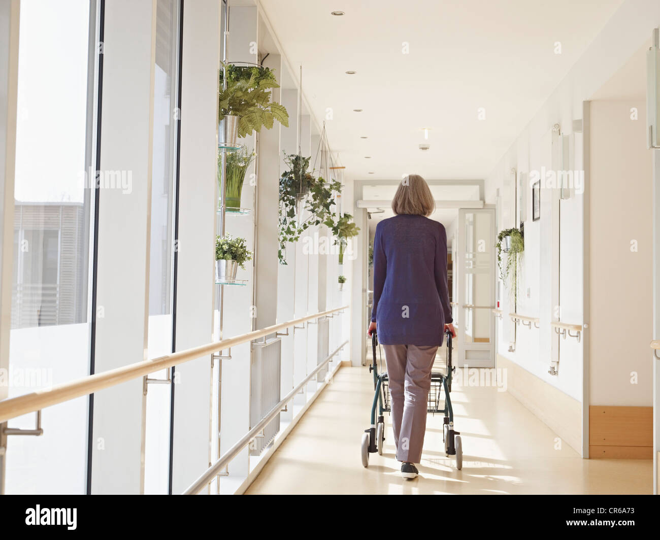 Germany, Cologne, Senior woman with walking frame at corridor in ... Germany, Cologne, Senior woman with walking frame at corridor in ...