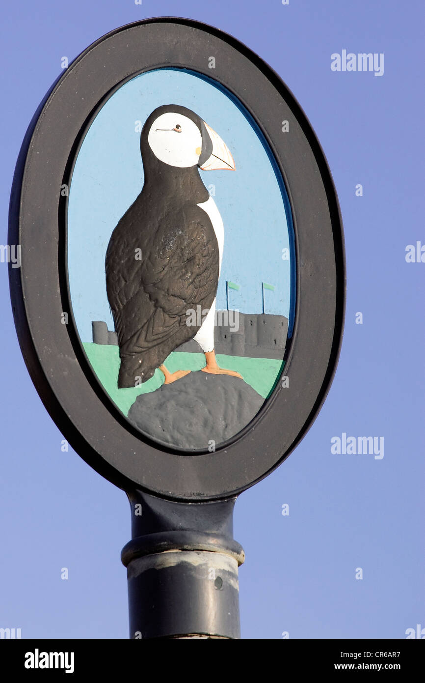 The Puffin symbol on the Beaumaris town crest in Anglesey Stock Photo ...