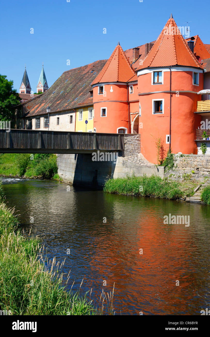 Biertor city gate on the Regen river, Cham, Upper Palatinate, Bavaria ...
