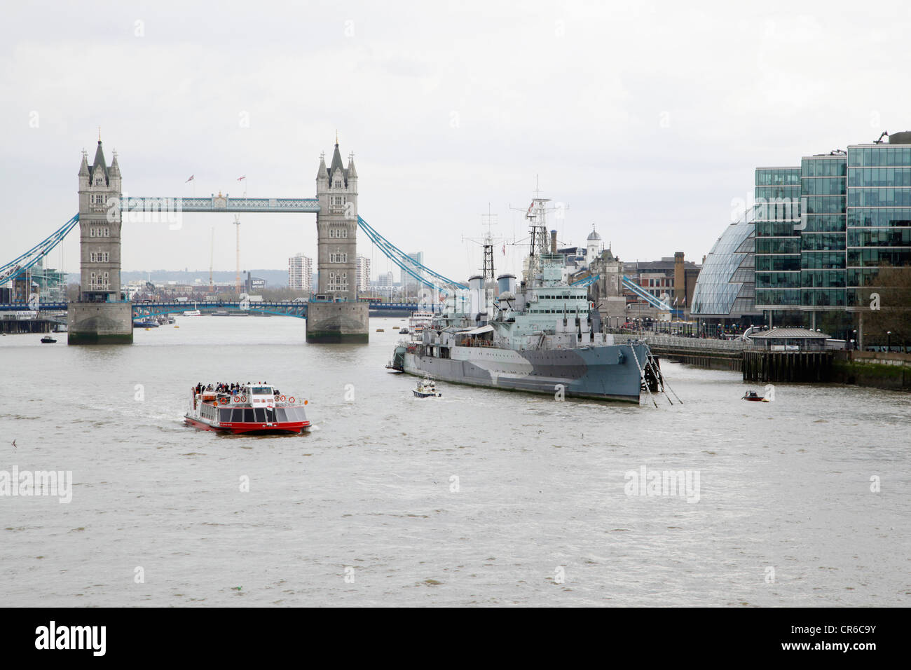 England, London, View of London bridge and navy ship Stock Photo - Alamy