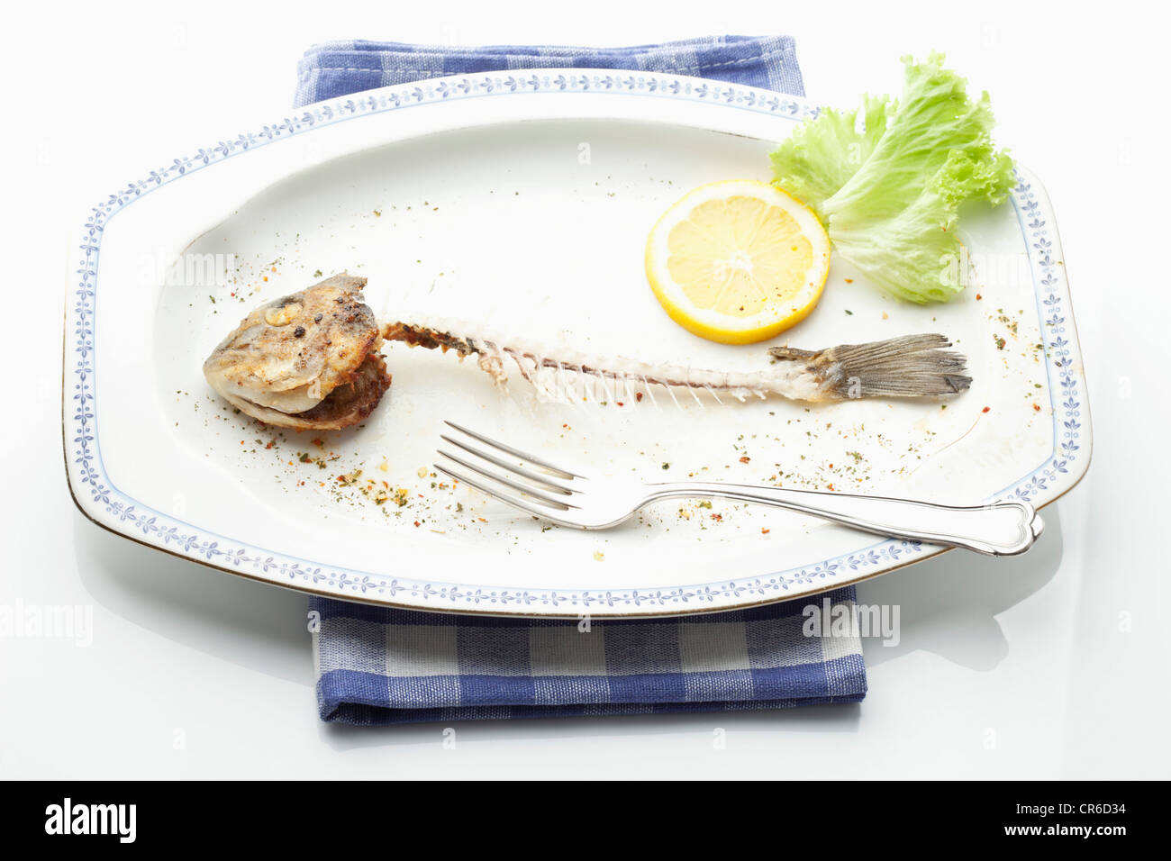 Eaten fish in plate with napkin on white background Stock Photo - Alamy