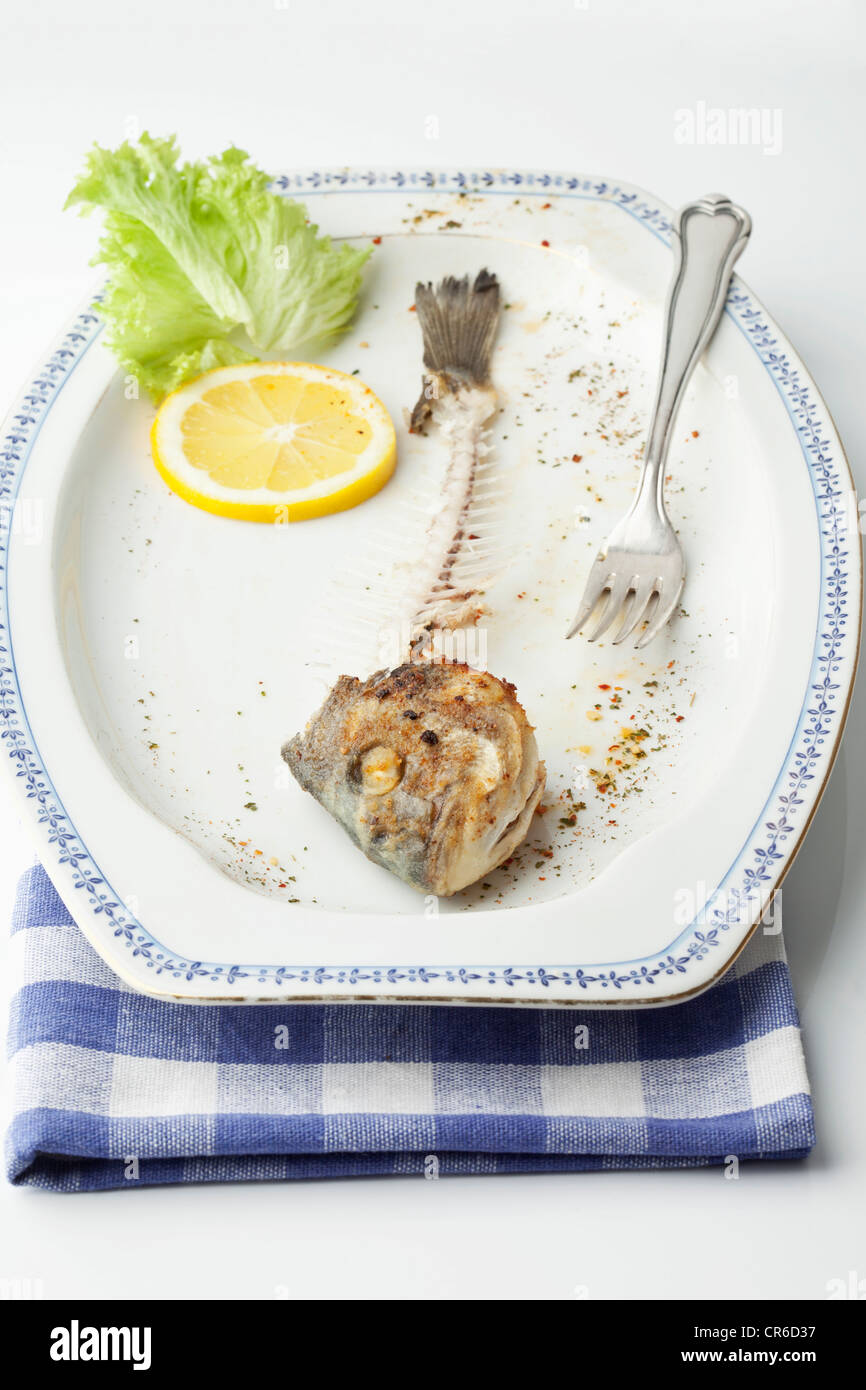 Eaten fish in plate with napkin on white background Stock Photo - Alamy