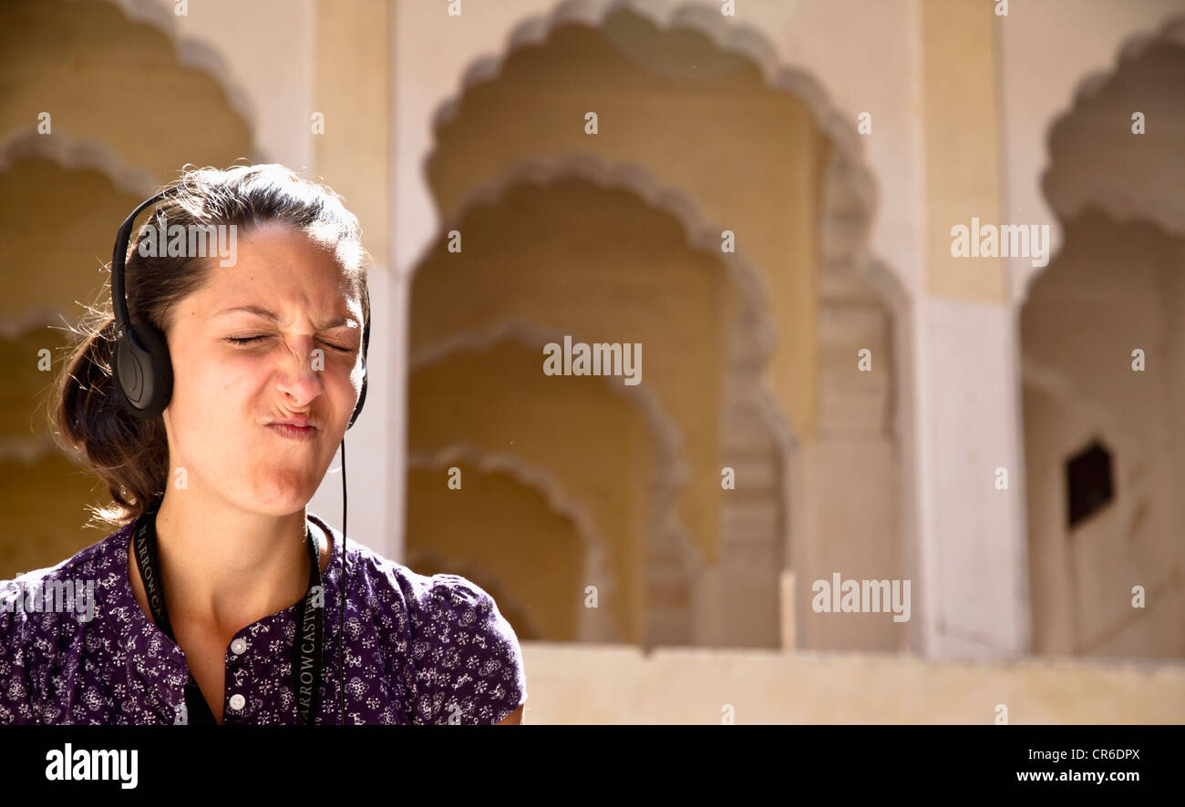 India, Rajasthan, Jodhpur, Tourist listening audio guide in Jodhpur ...