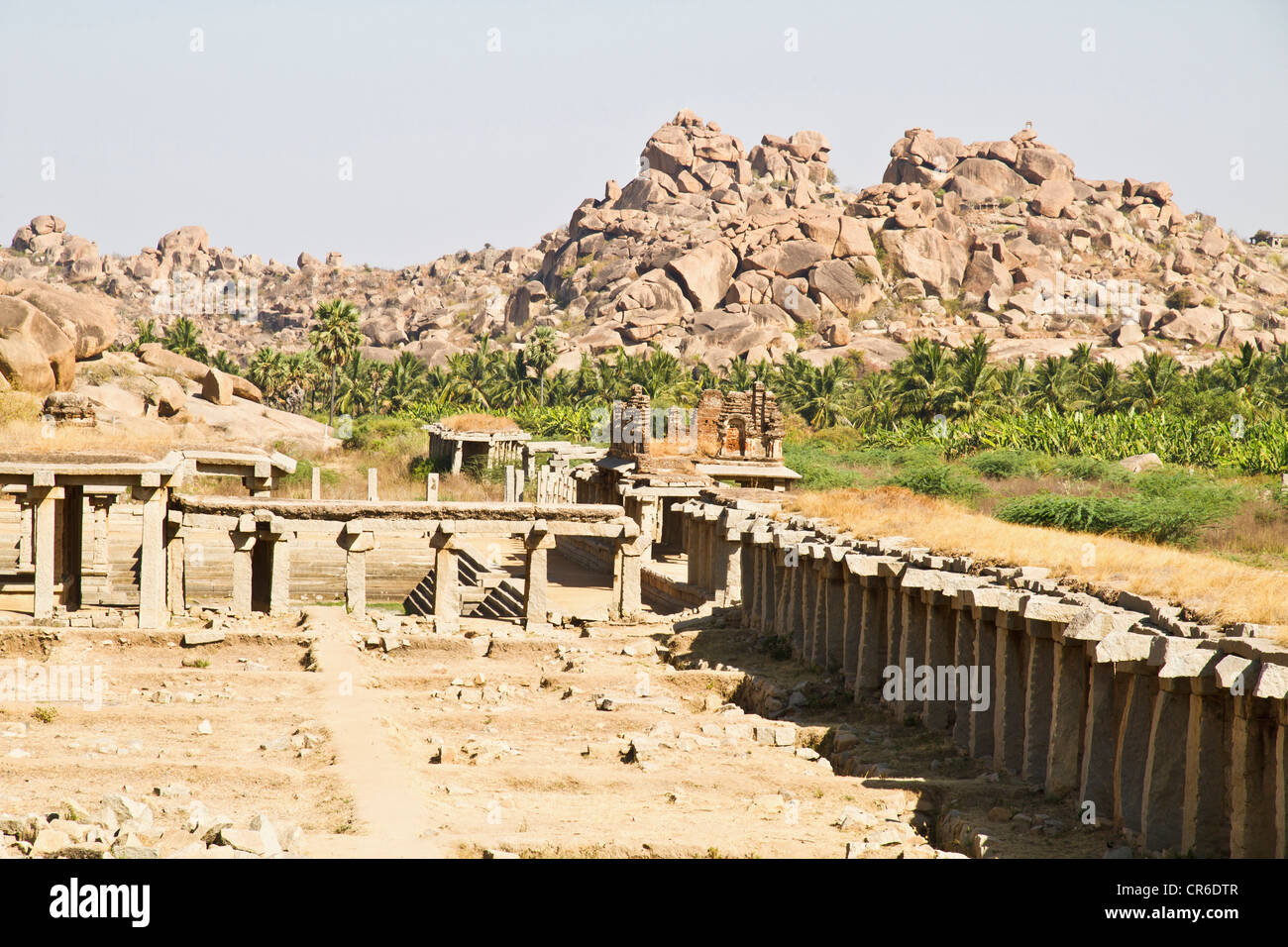 India, Karnataka, View of ancient Vijayanagara ruins of Hampi bazaar ...