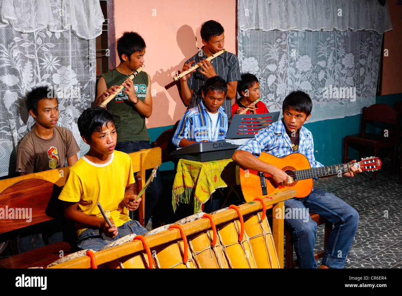 Students making music, boarding school, Simalungun, Sumatra, Indonesia ...