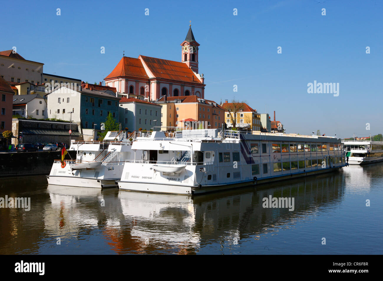 Pier, St. Paul's Church, on the Danube River, Passau, Bavaria, Germany ...