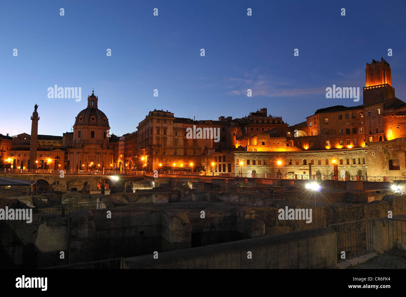Illuminated Imperial Fora at night, Rome, Lazio region, Italy, Europe ...