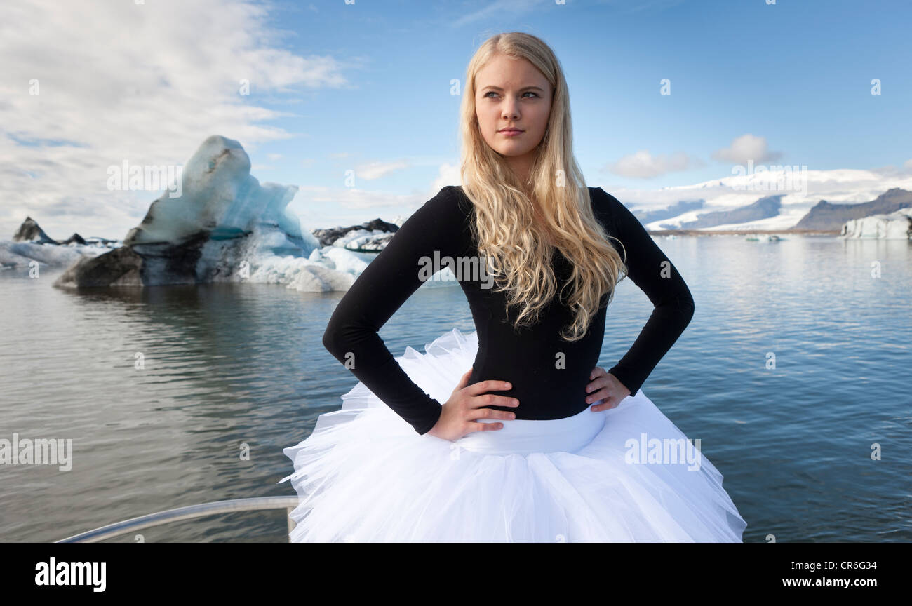 Teenage girl modeling at Jokulsarlon Glacial lagoon, Iceland Stock ...
