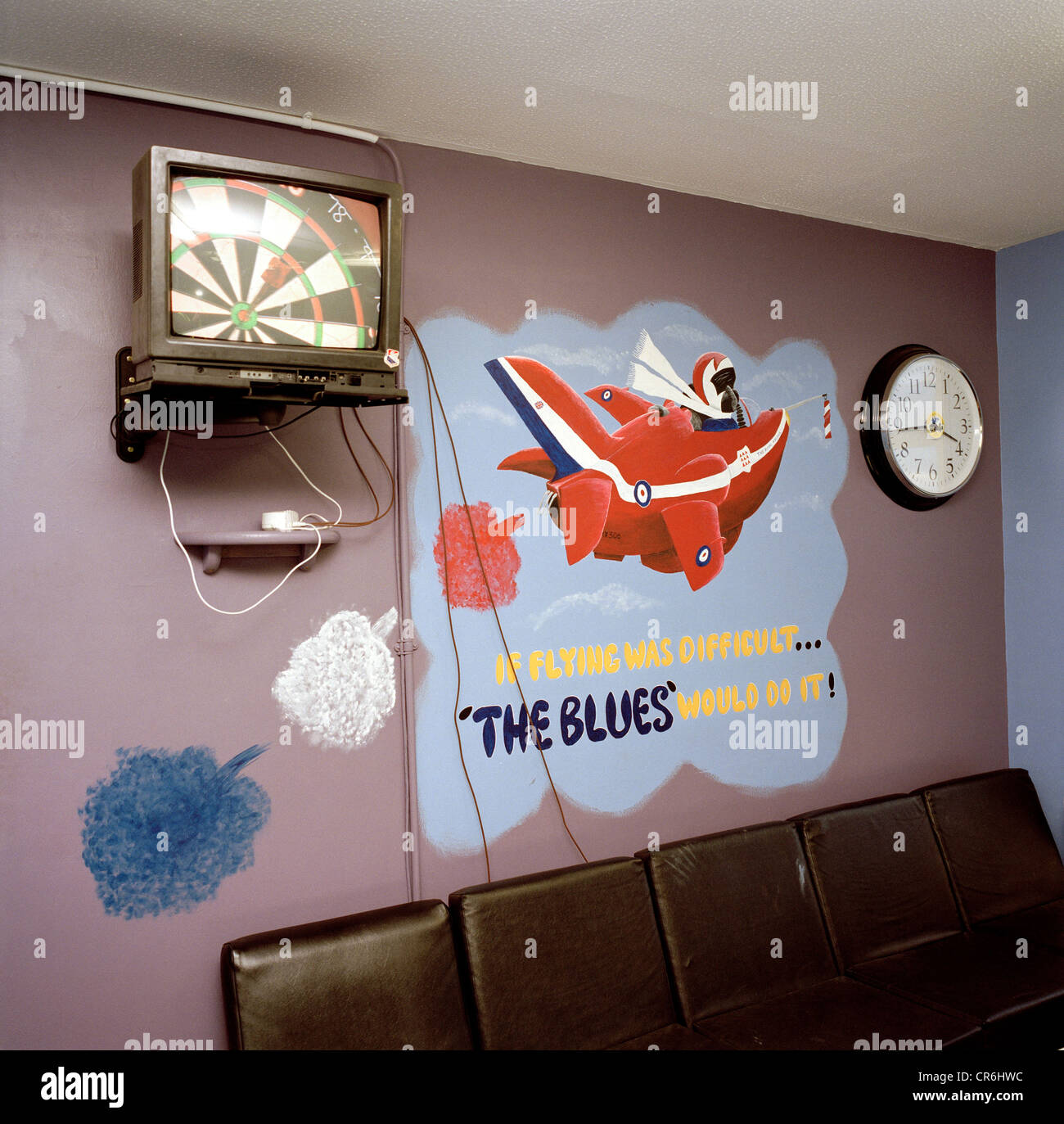 Game of darts showing on tv in engineering crew room of the Red Arrows ...