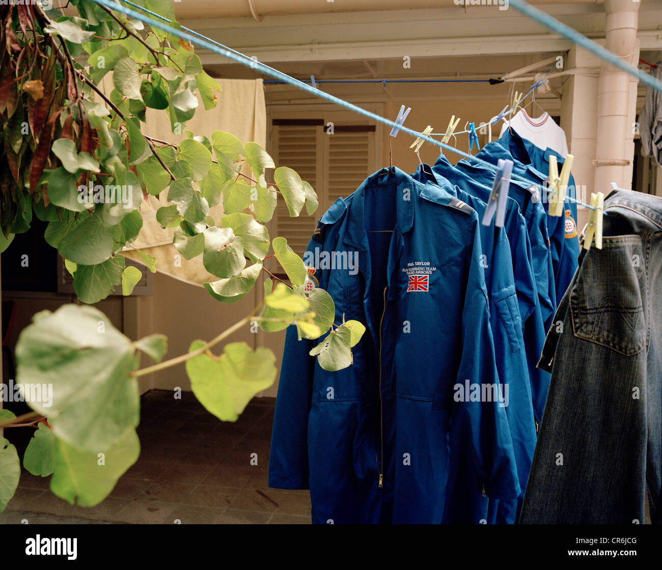 Drying blue overalls belonging to engineering ground staff of the Red ...