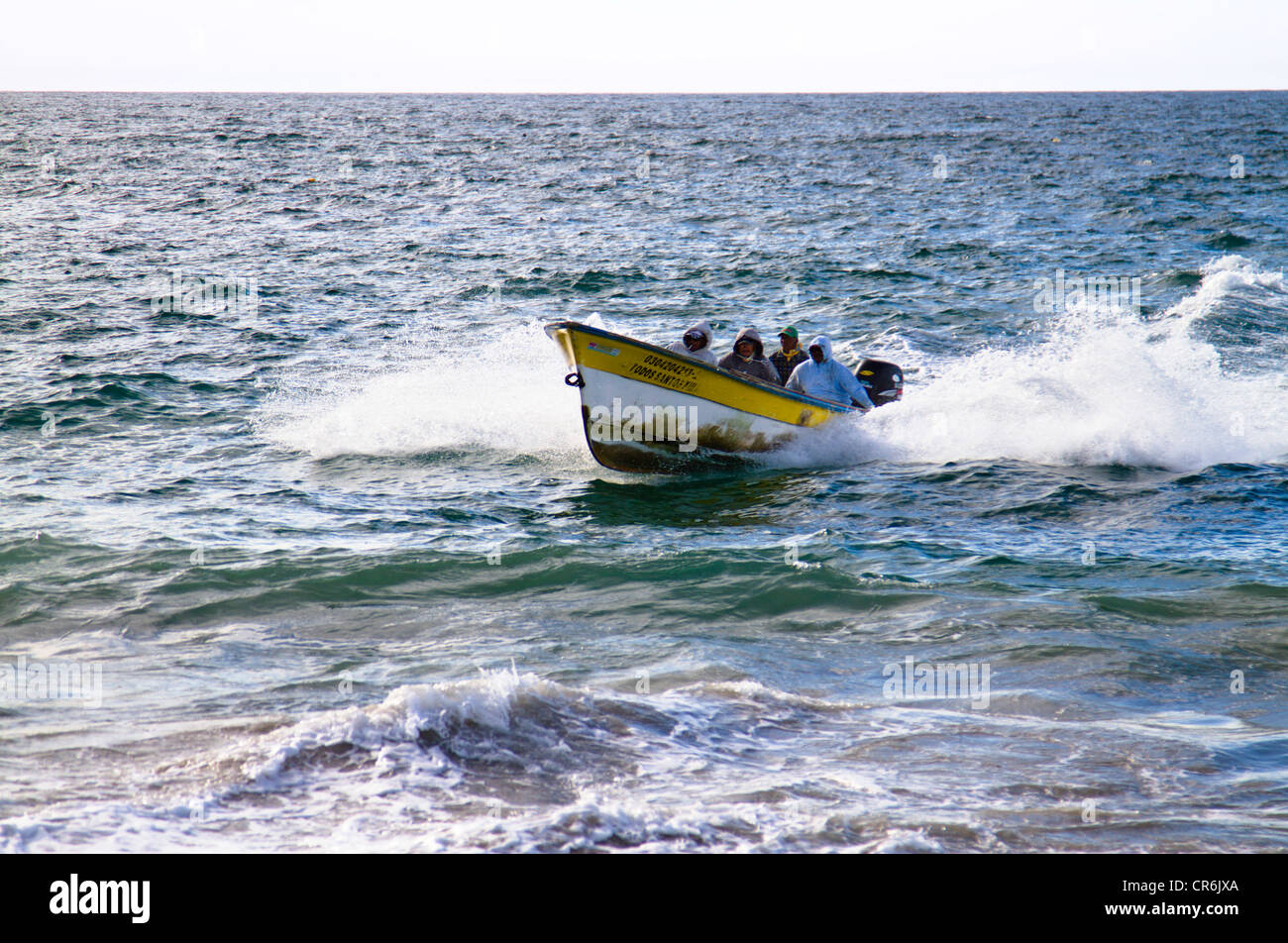speeding fishing boat coming ashore in Baja Mexico near "Todos Santos ...