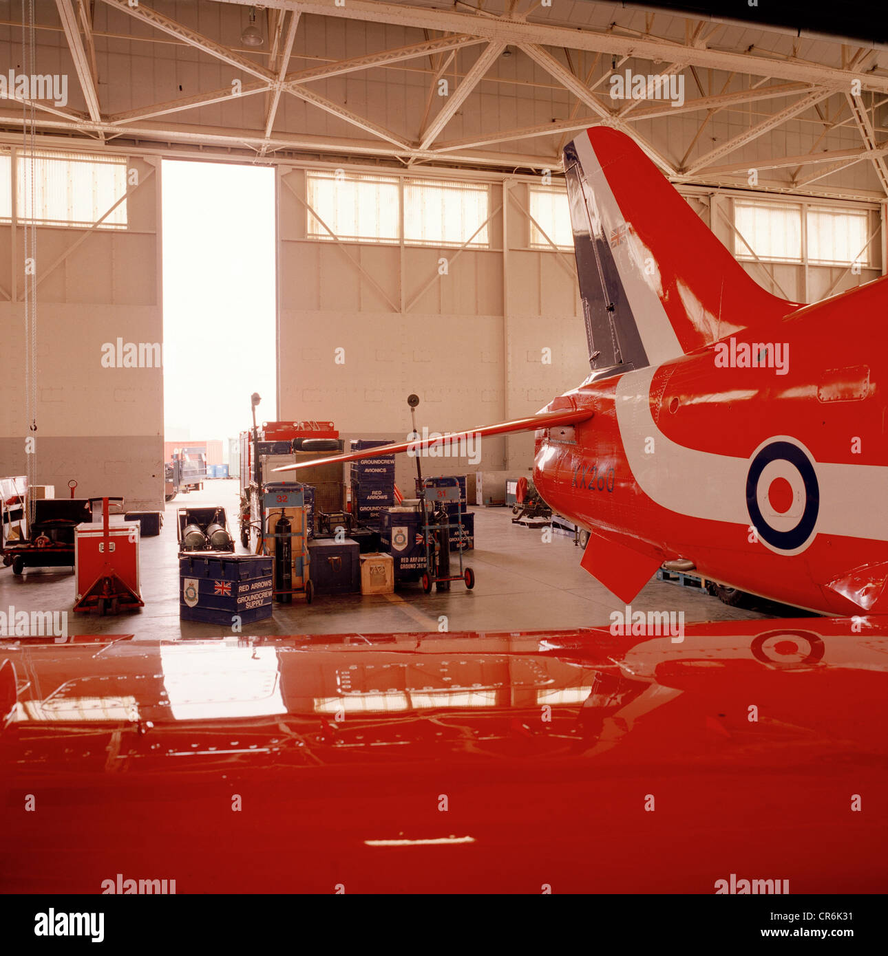 Hawk T.Mk.1 jet and spares in the hangar of the Red Arrows, Britain's ...