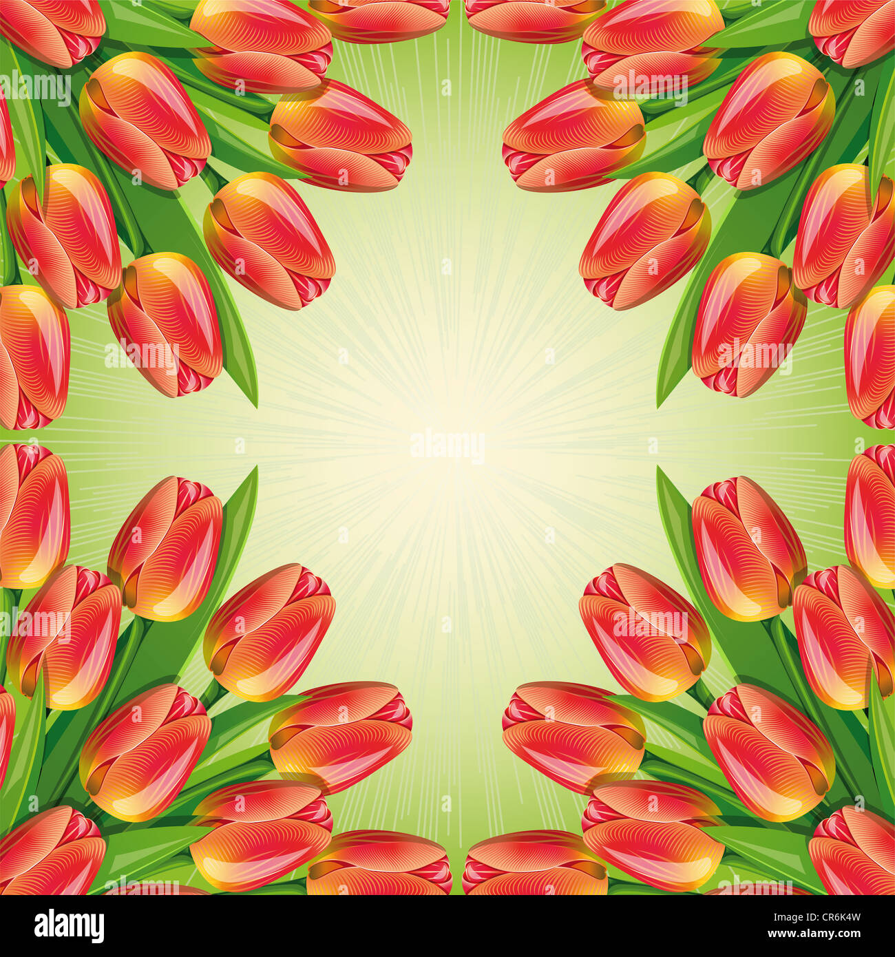 Spring green background with frame and red tulips Stock Photo - Alamy