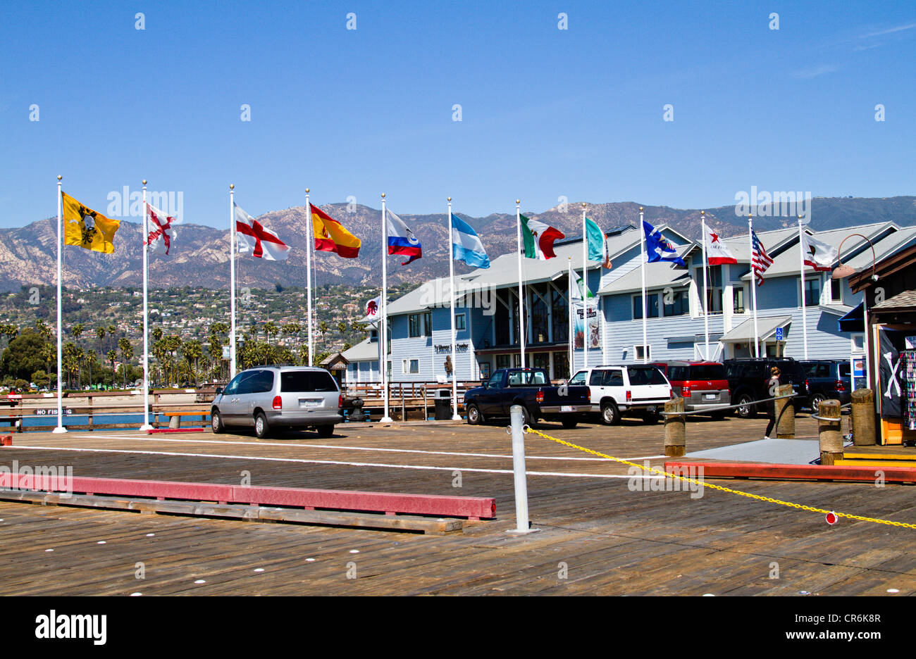 Flags flying on Stearn's Wharf in "Santa Barbara" California Stock ...