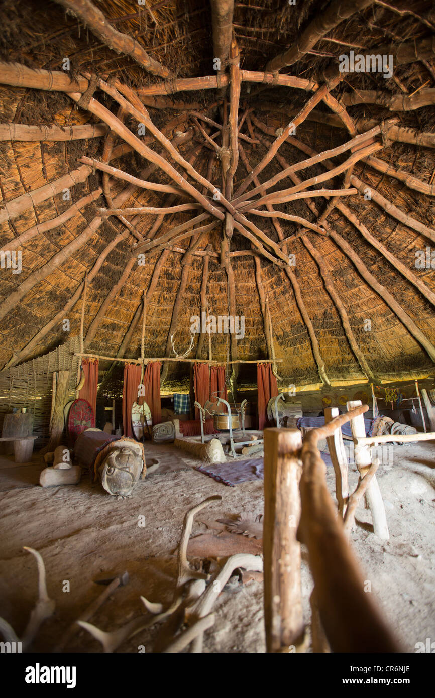 Interior with roof details of a Roundhouse at Castell Henllys Iron Age ...