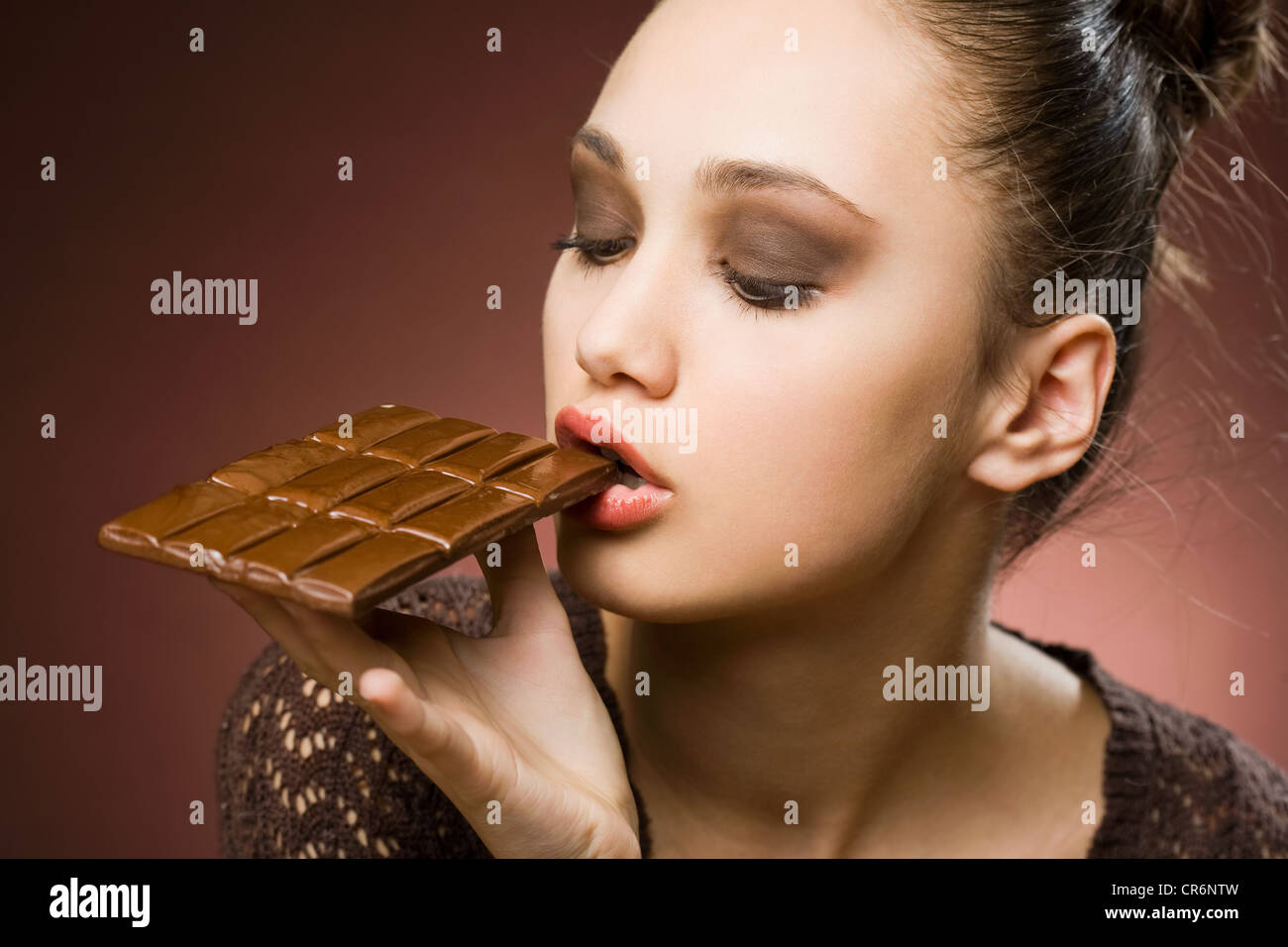 Never enough chocolate, striking young brunette with dessert overload ...