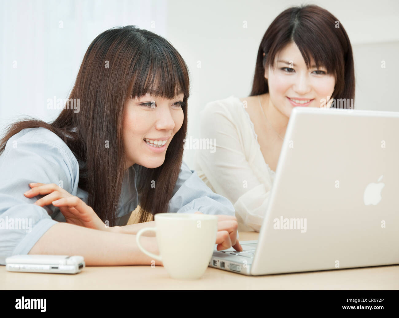 Two friends at home with laptop Stock Photo - Alamy