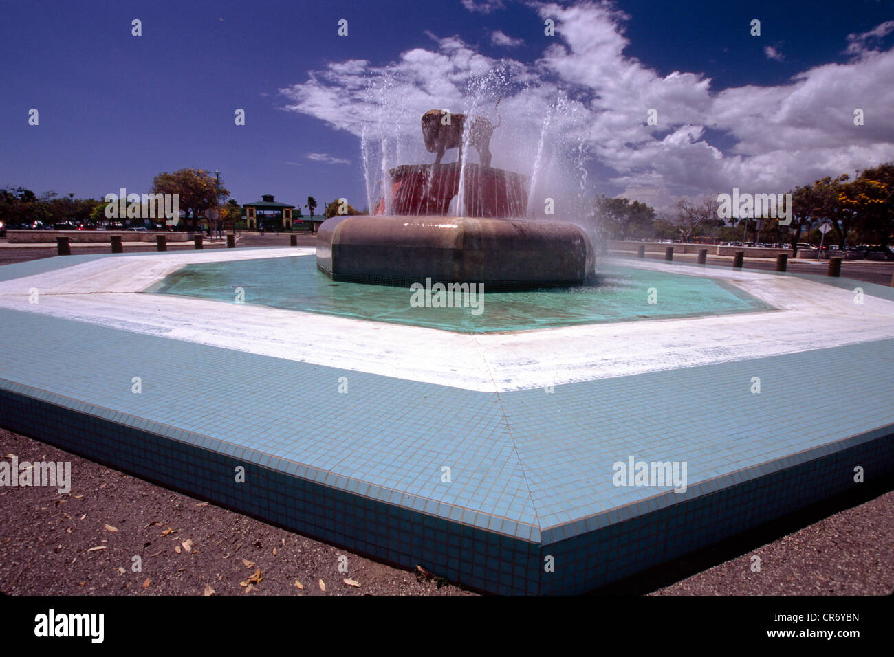 Low Angle View of a Water Fountain with Lion Sculpture, Playe de Ponce ...