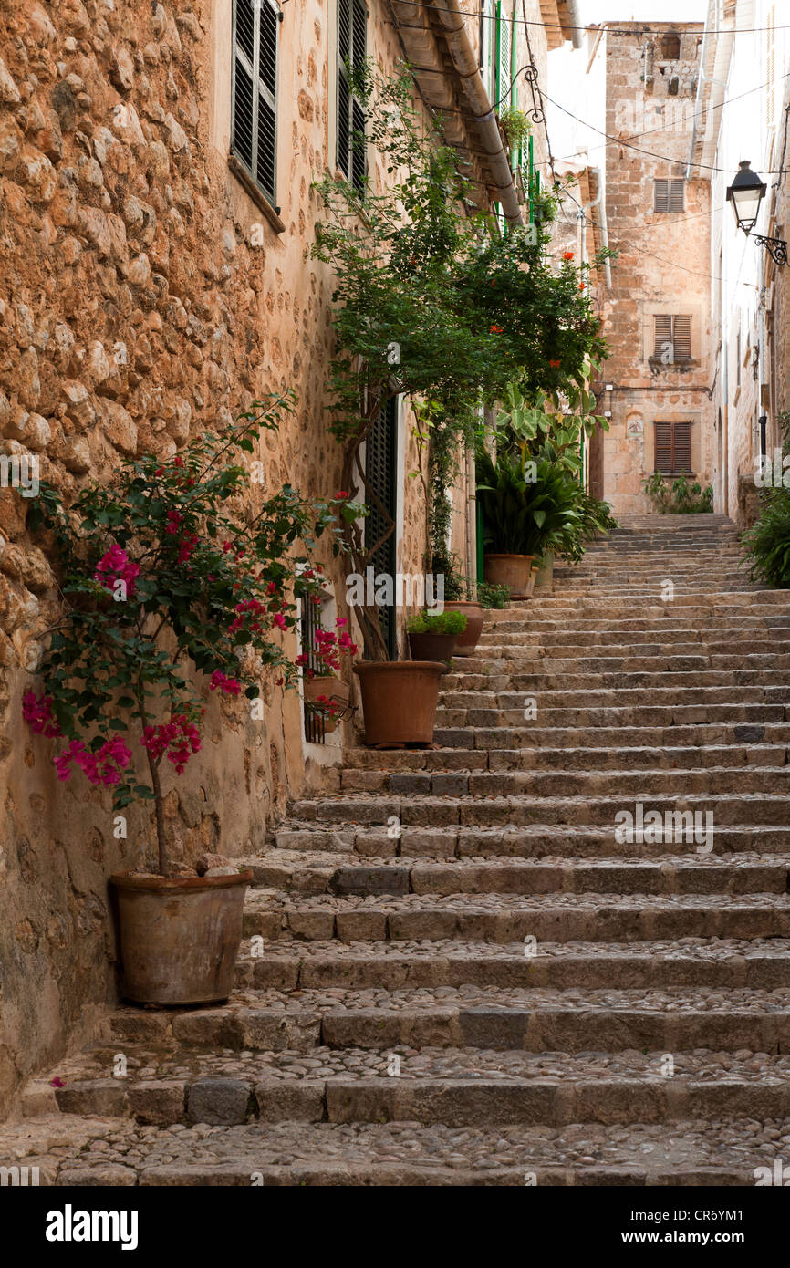 Stone steps in Fornalutx, Majorca, Balearic Islands, Spain, Europe ...