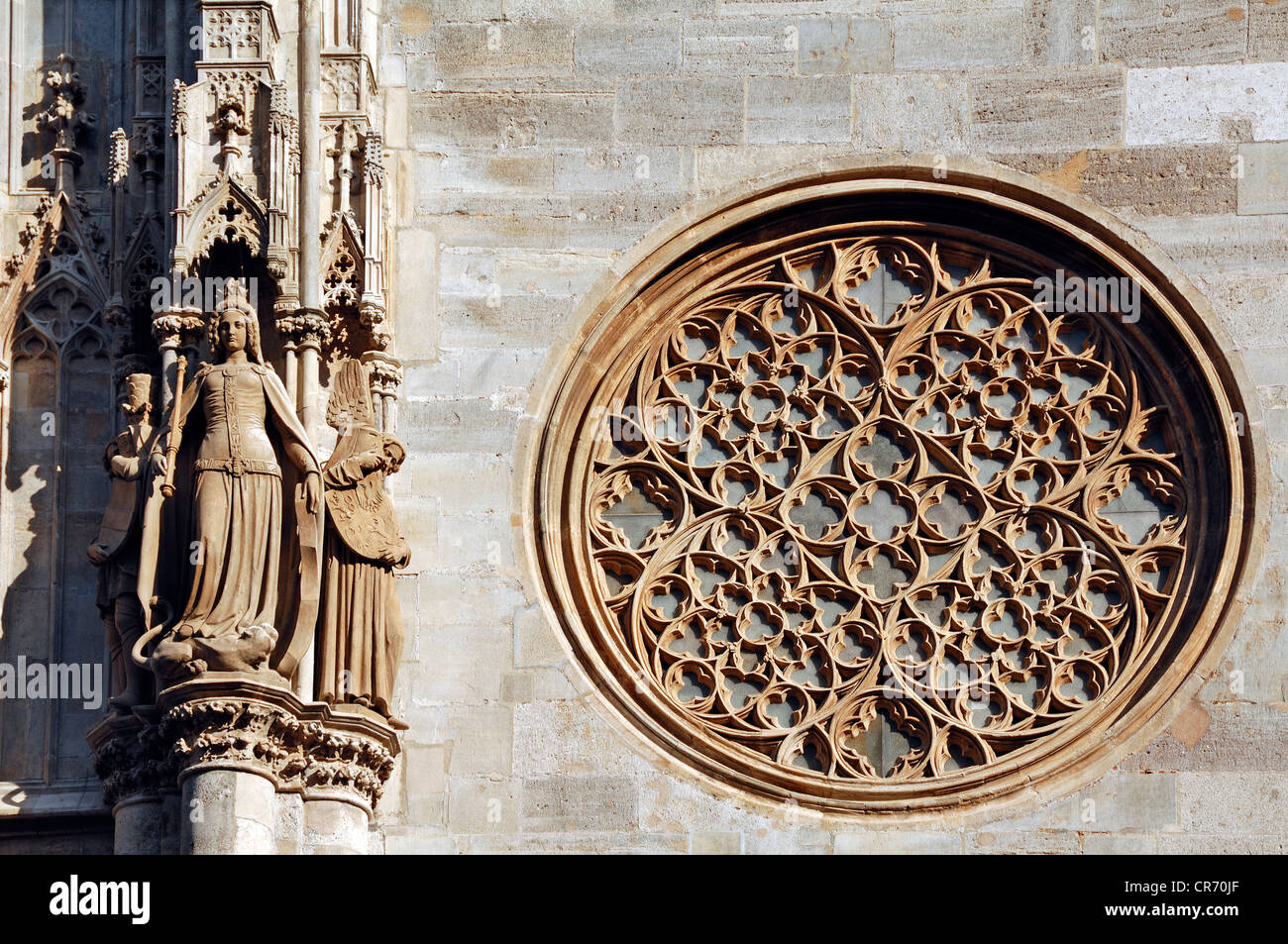 Gothic tracery and figures on Stephansdom, St. Stephen's Cathedral ...