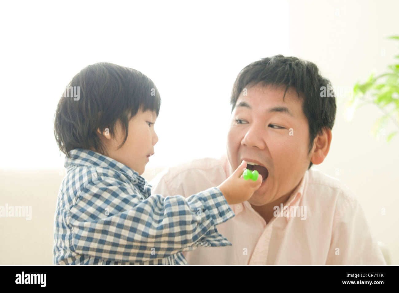 Boy feeding cake to his father Stock Photo - Alamy