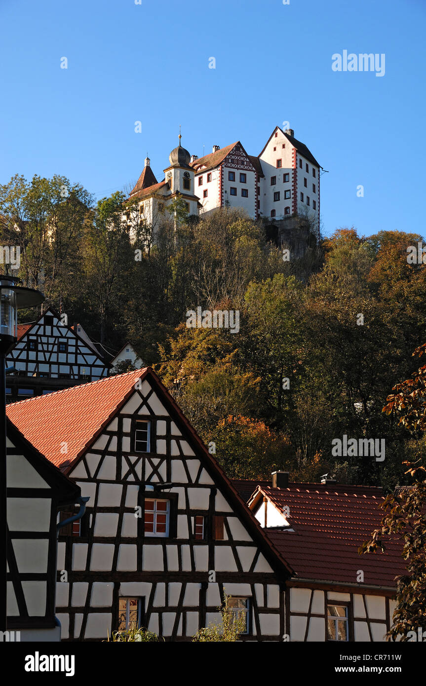 Old half-timbered houses in front of Burg Egloffstein Castle, 14th ...