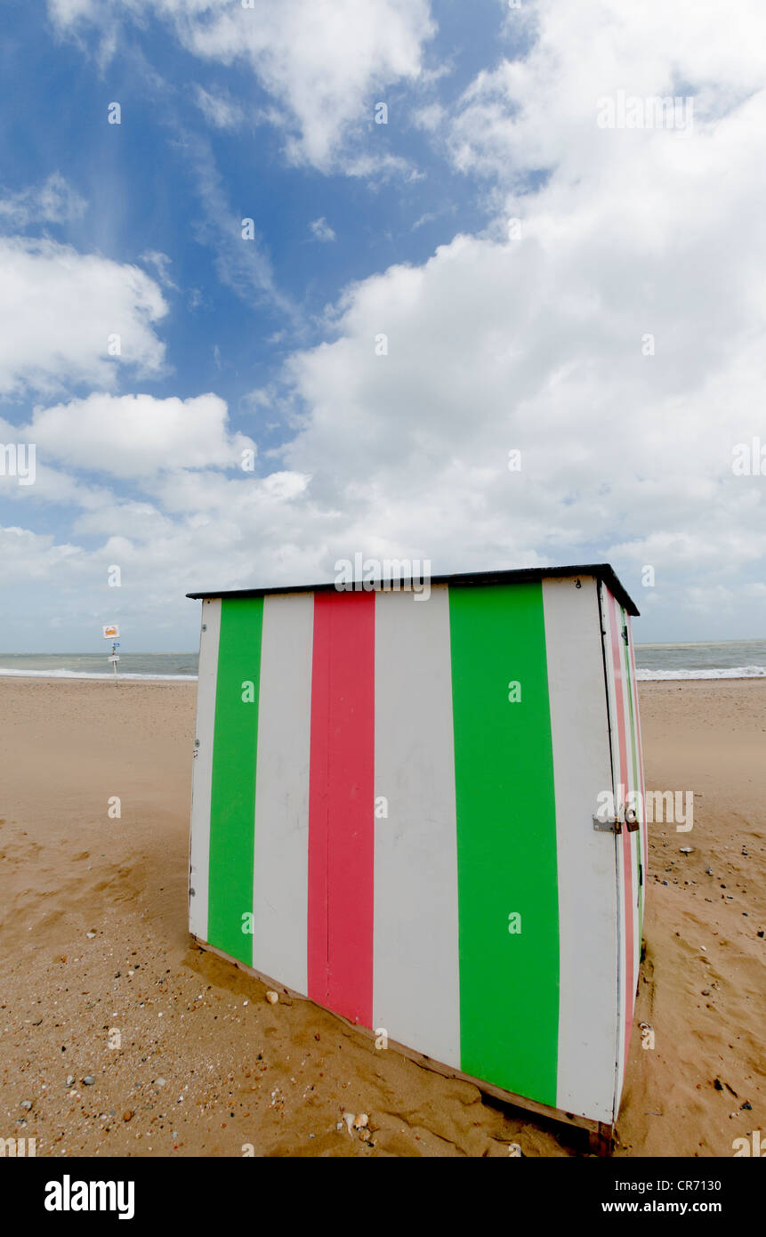 Multi coloured beach storage hut for deckchairs Margate Kent UK Stock ...