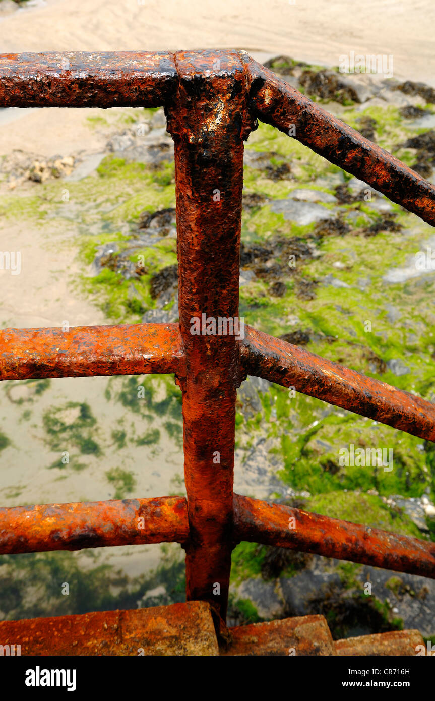 Rusty railing on the beach of Newquay, Cornwall, England, United ...