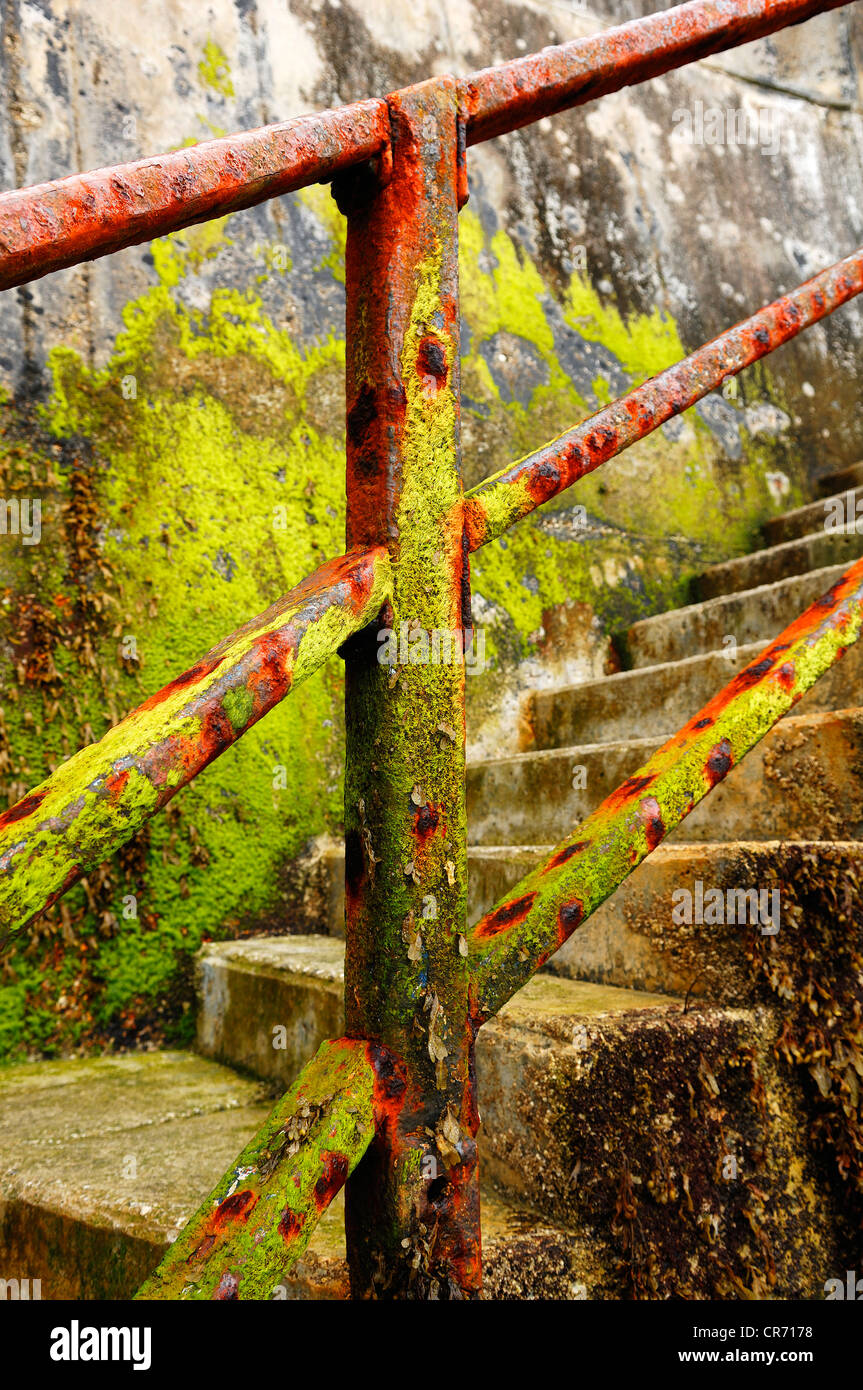 Rusty, algae-covered railing at the beach in Newquay, Cornwall, England ...